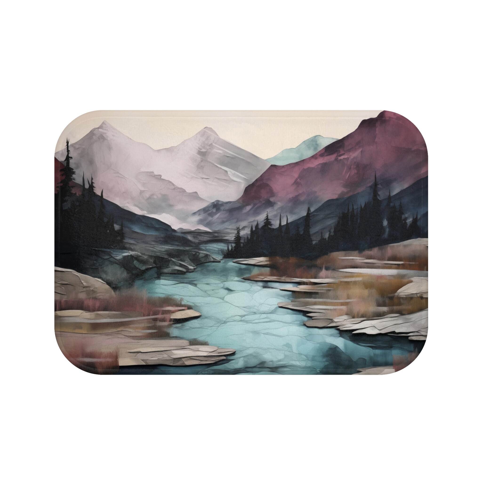 Watercolor River Bath Mat Mountain River Bath Mat Landscape Painting ...