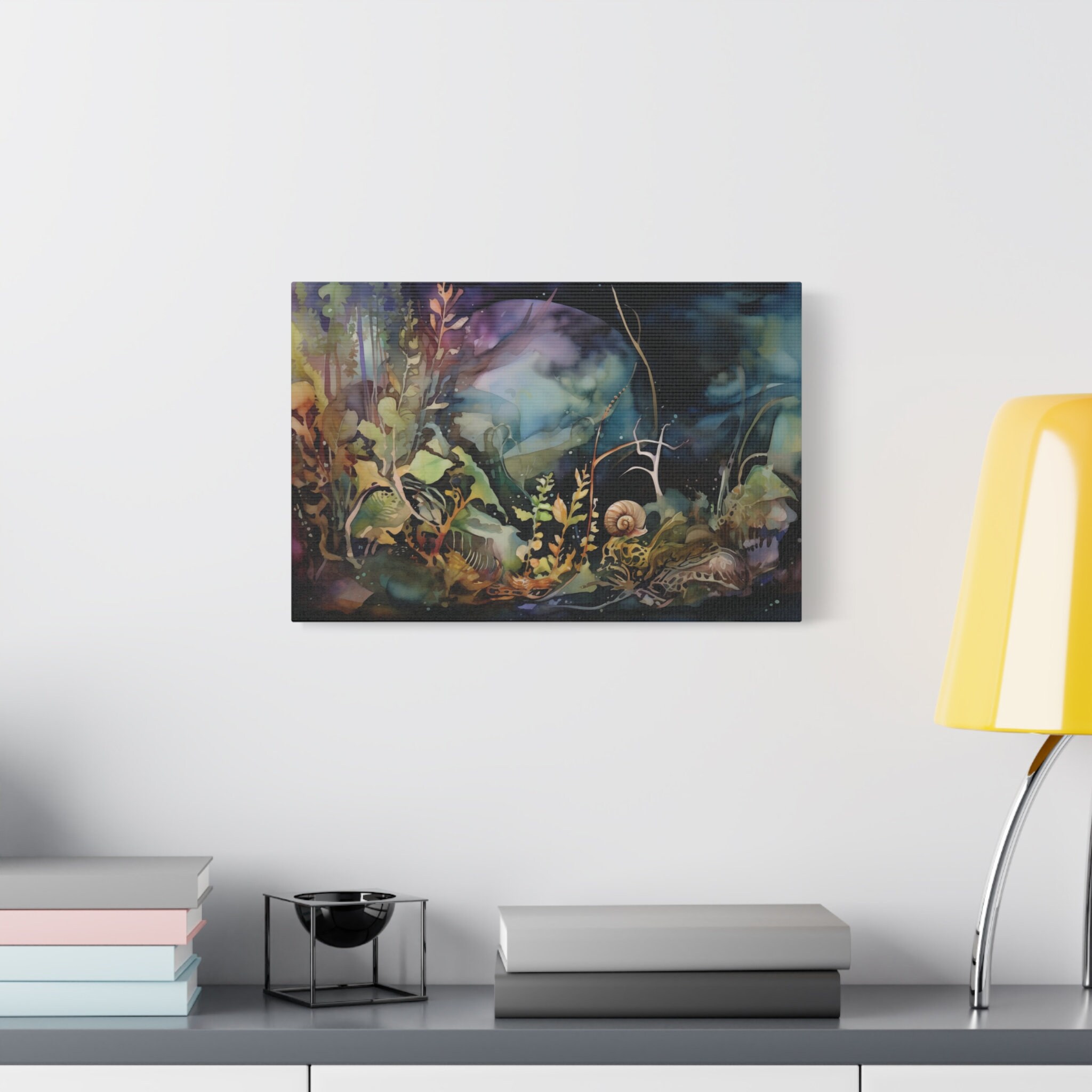 Plant & Snail Watercolor Painting Canvas Print of Colorful Aquarium ...