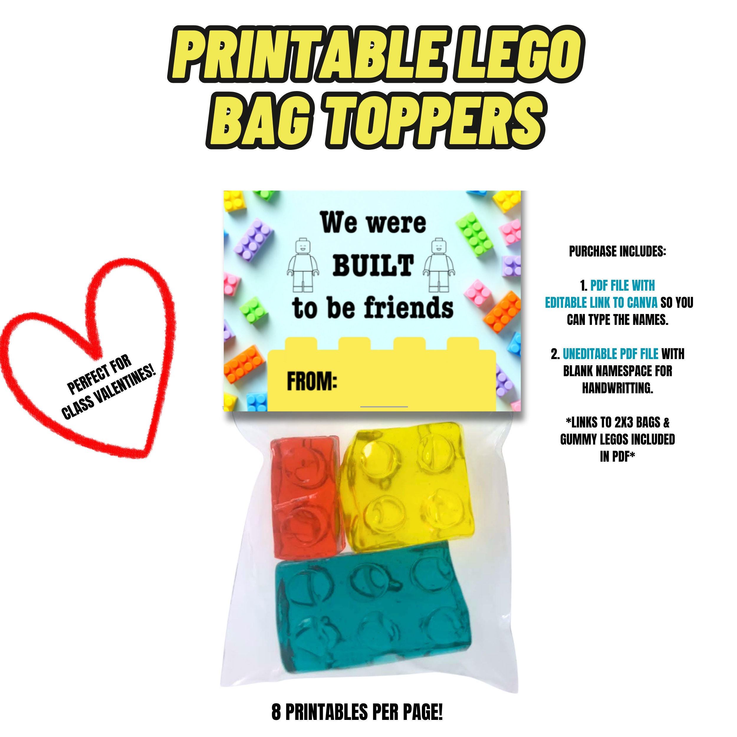 Printable Bag Toppers, Building Blocks Valentine's Day Cards, Built to Be Friends, Valentine's ...