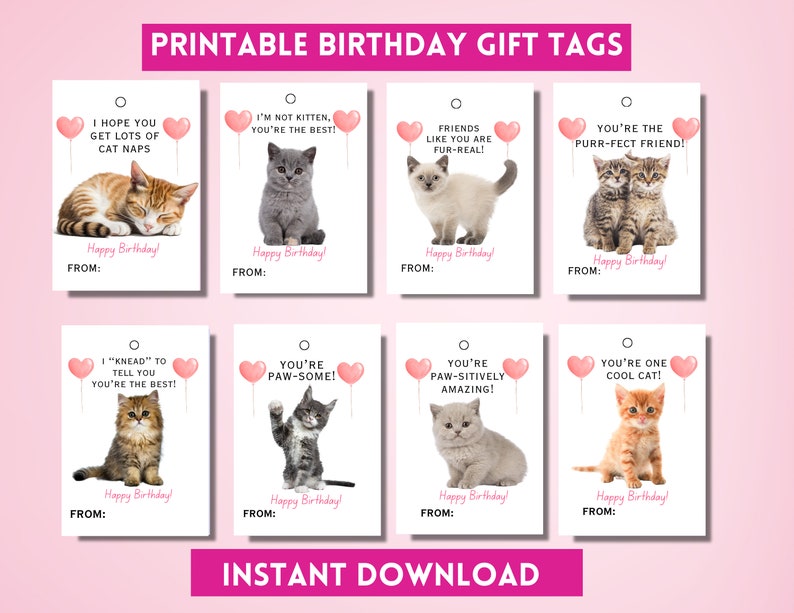 Printable Kitten Birthday Gift Tags, Cat Gift Tags - Etsy