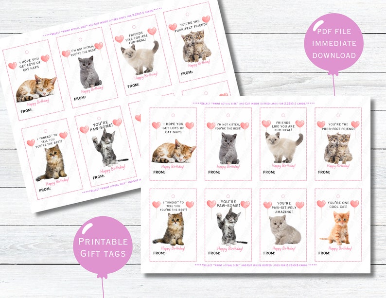 Printable Kitten Birthday Gift Tags, Cat Gift Tags - Etsy