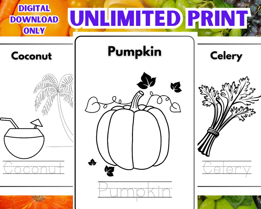 Fruits and Vegetables Coloring Book With Tracing Letters Instant ...