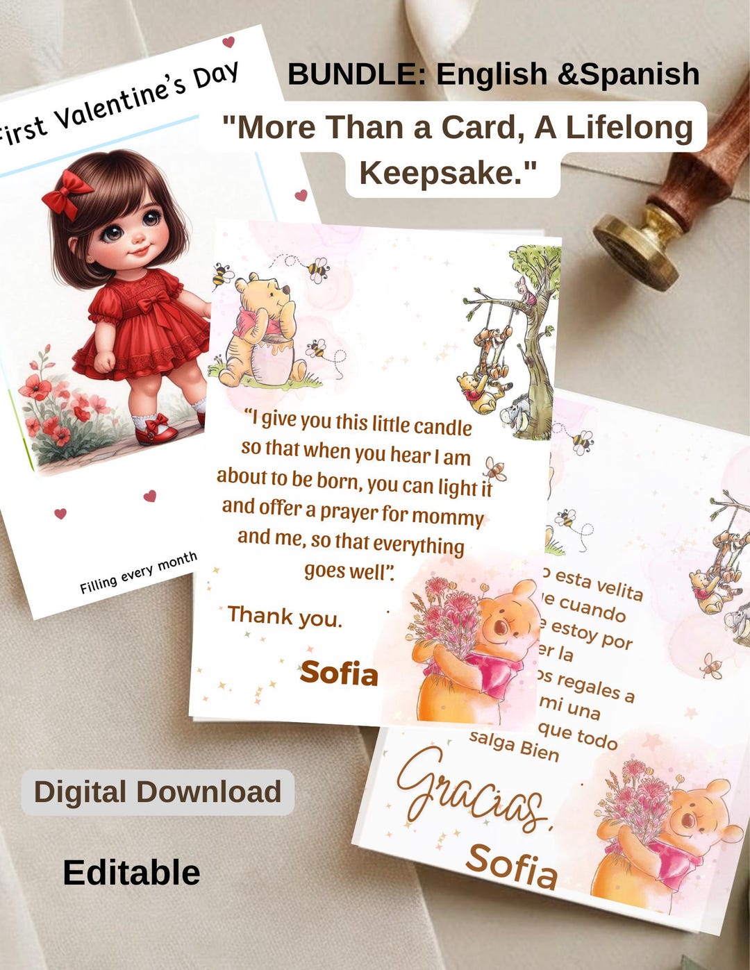 Spanish Candle Card Valentine's Day, Editable Baby's First Valentine ...