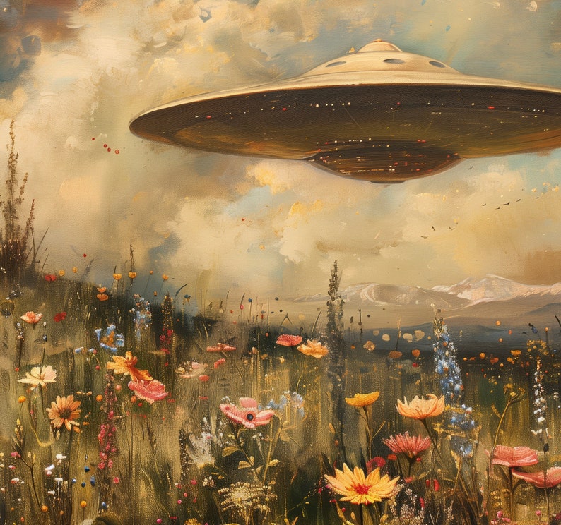 Vintage UFO Oil Painting, Flowers, Canvas Print, Country Alien Art ...