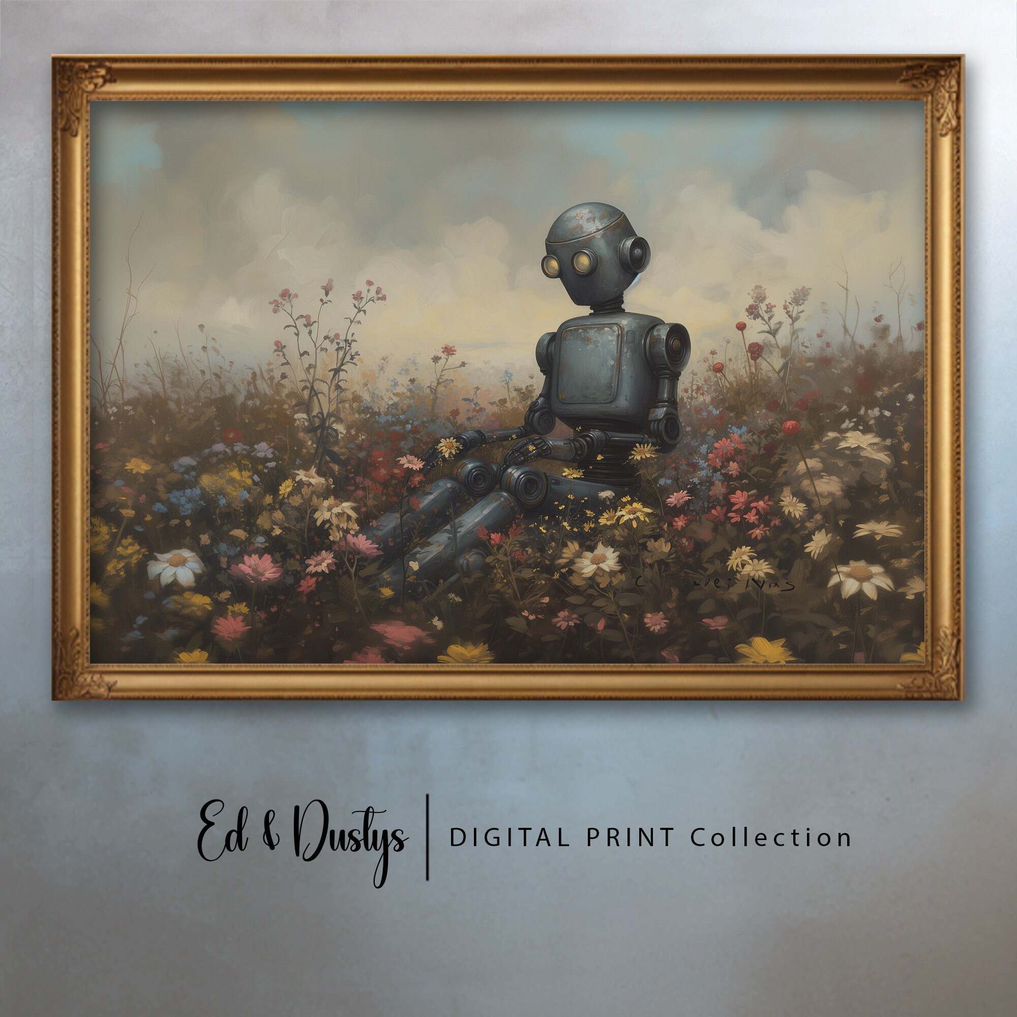 Victorian Robot Oil Painting Field of Flowers Print Country Robot Art ...
