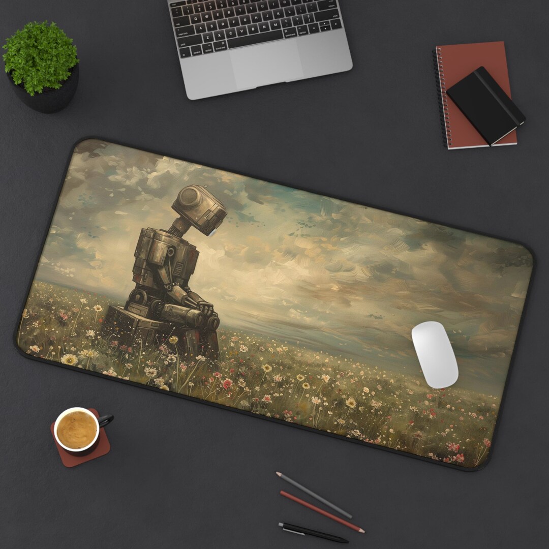 Vintage Robot Flowers Painting Desk Mat, Robot Sci-fi, Laptop Desk Pad ...