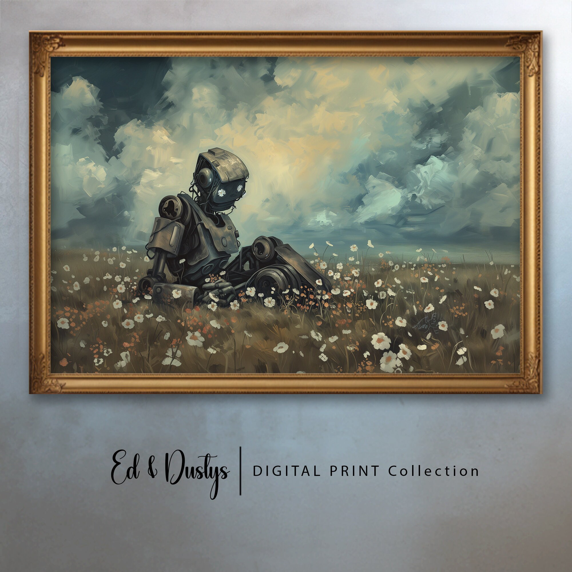 Victorian Robot Oil Painting Field of Flowers Print Country Robot Art ...