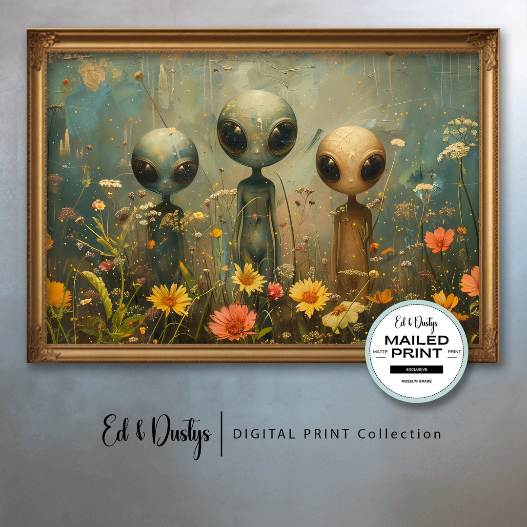 Vintage UFO Oil Painting, Flowers, Country Alien Art, Science Fiction ...