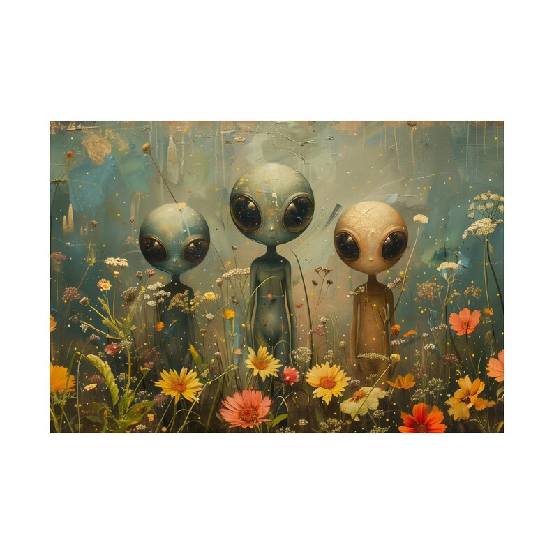 Vintage UFO Oil Painting, Flowers, Country Alien Art, Science Fiction ...