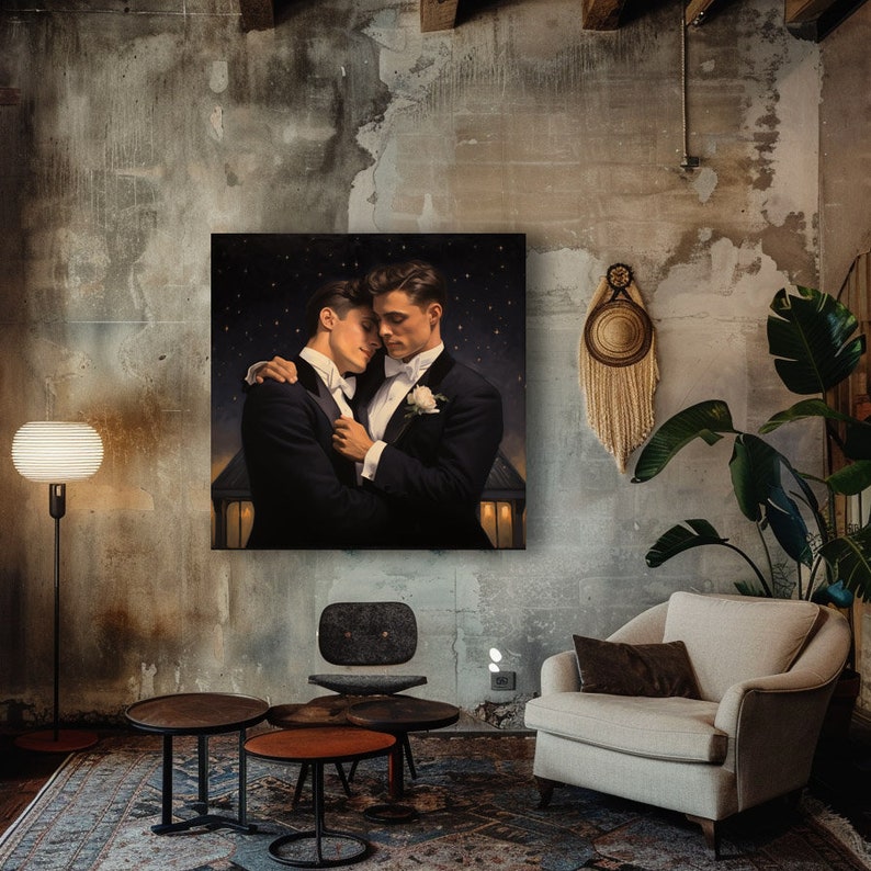 Gay Men Art Print, LGBTQ Romantic Art, Two Men Square Canvas, Victorian ...
