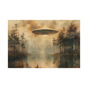 Vintage UFO Art Print, Sci-fi Oil Painting, Country Alien Art, Science ...