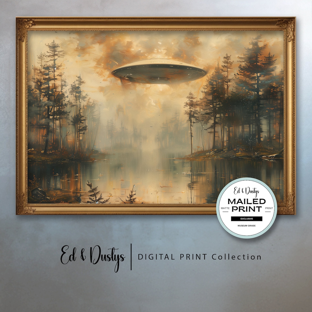 Vintage UFO Art Print, Sci-fi Oil Painting, Country Alien Art, Science ...
