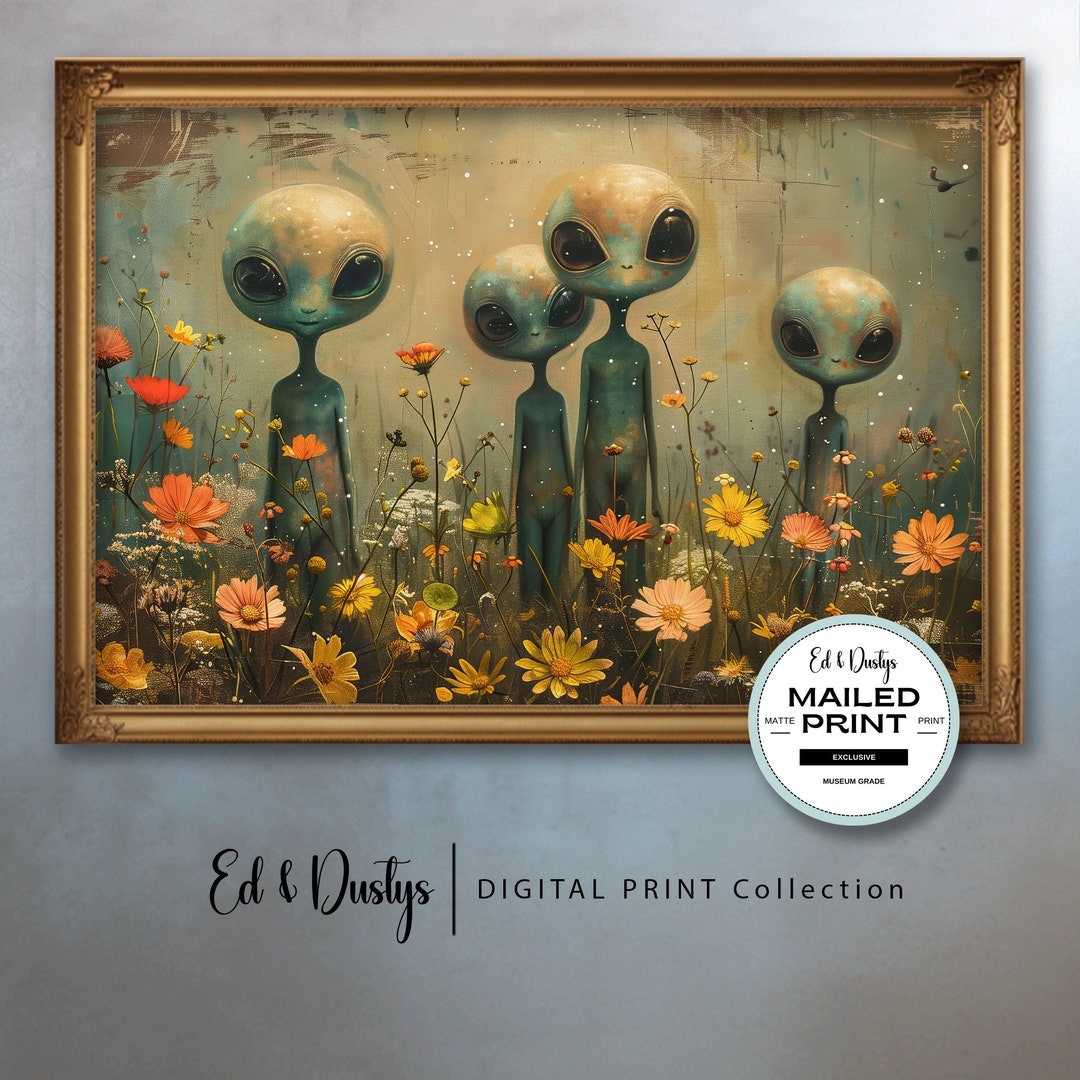 Vintage UFO Oil Painting, Flowers, Country Alien Art, Science Fiction ...