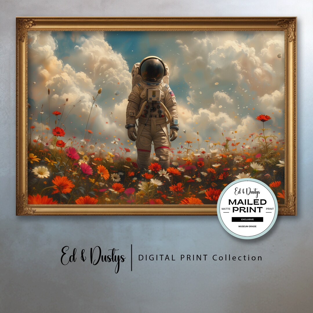 Vintage Space Oil Painting, Astronaut Flowers, Country Astronaut Art ...