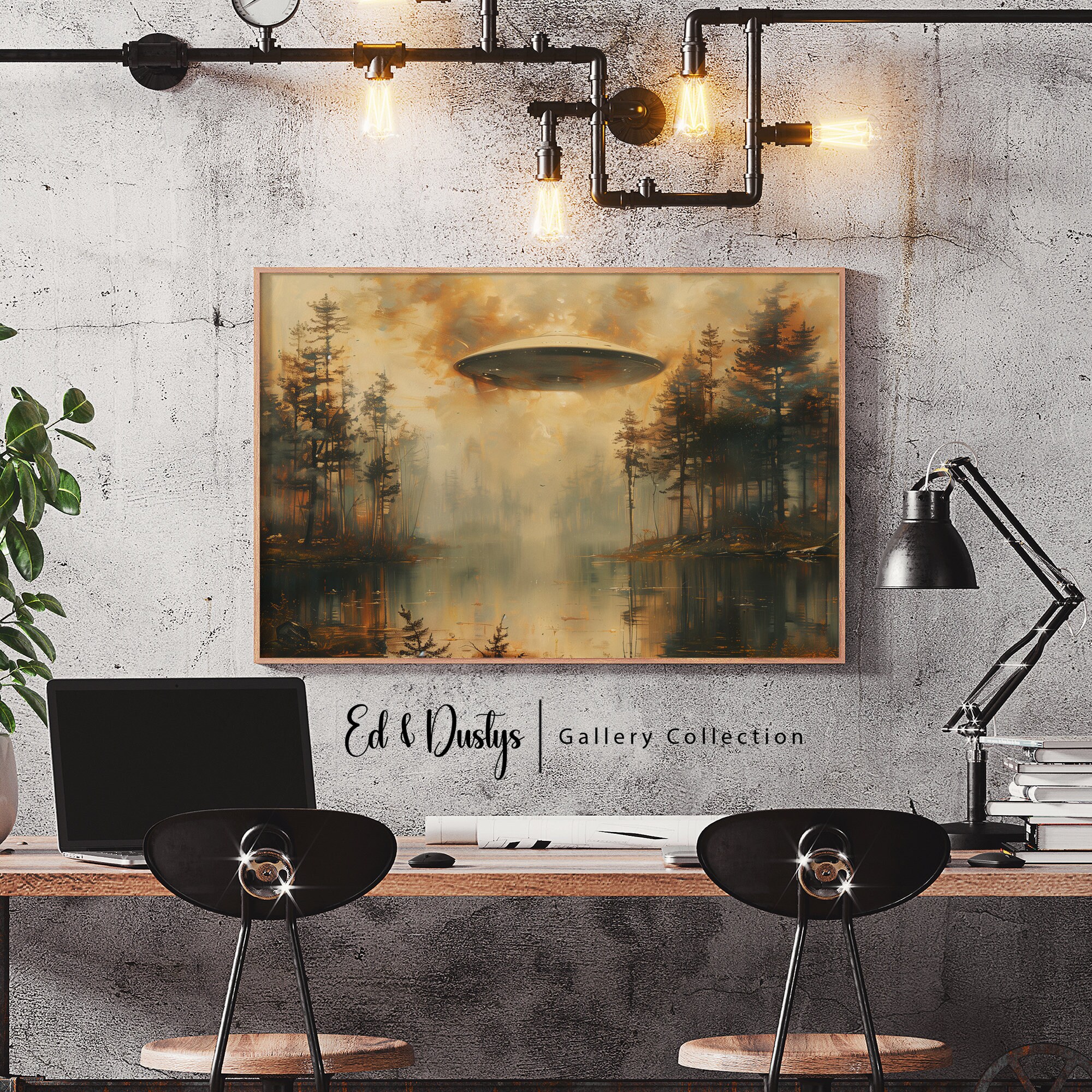 Vintage UFO Art Print, Sci-fi Oil Painting, Country Alien Art, Science ...