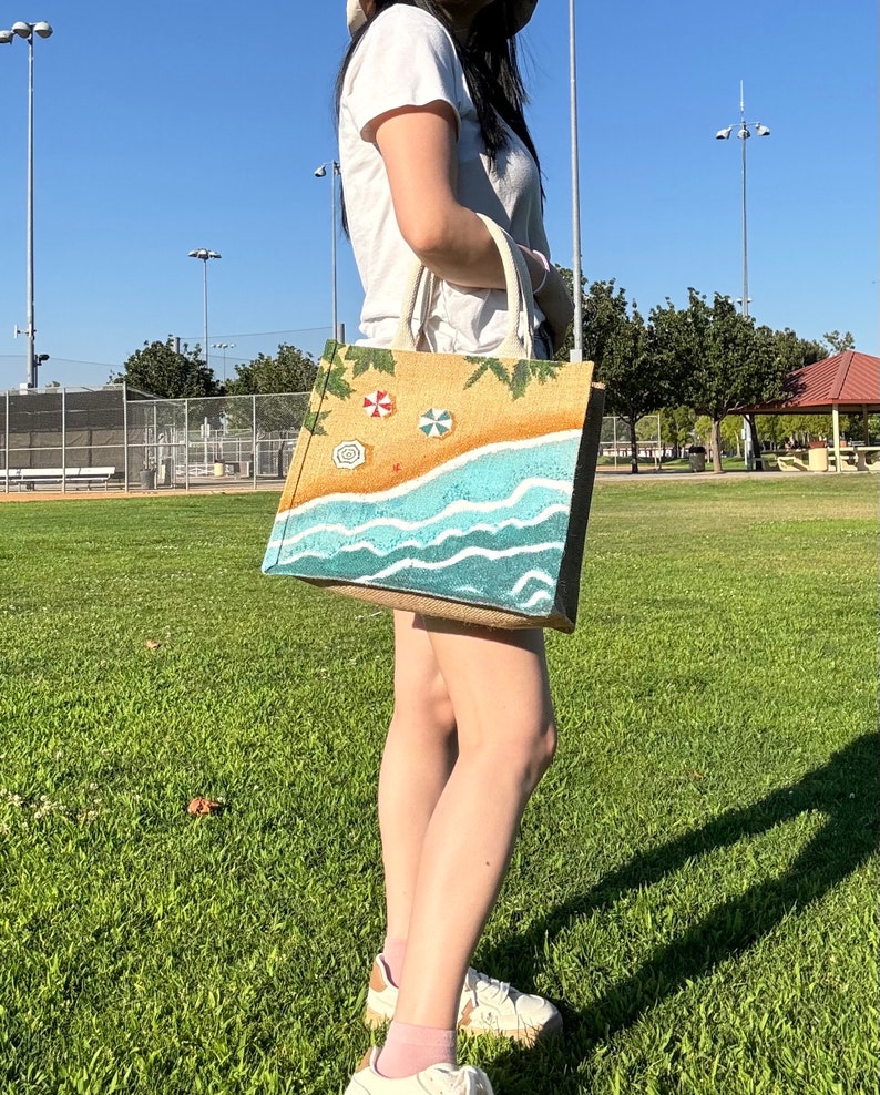 Hand-painted Beach Scene Jute Tote Bag: Eco-friendly Burlap Bag - Etsy