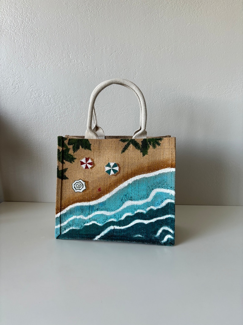 Hand-painted Beach Scene Jute Tote Bag: Eco-friendly Burlap Bag - Etsy