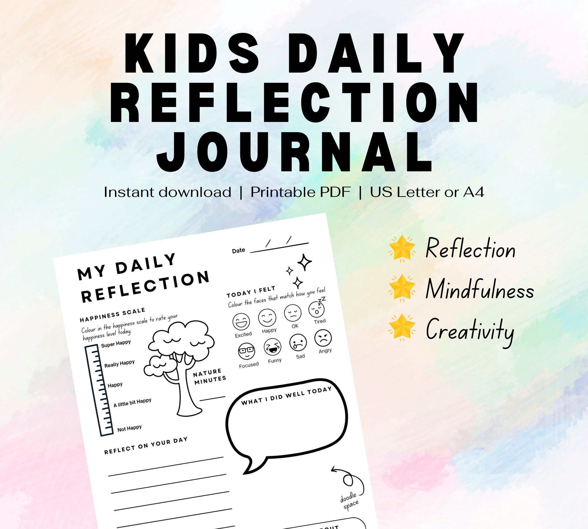 Kids Daily Reflection Journal, Printable PDF - Mindfulness Journal ...