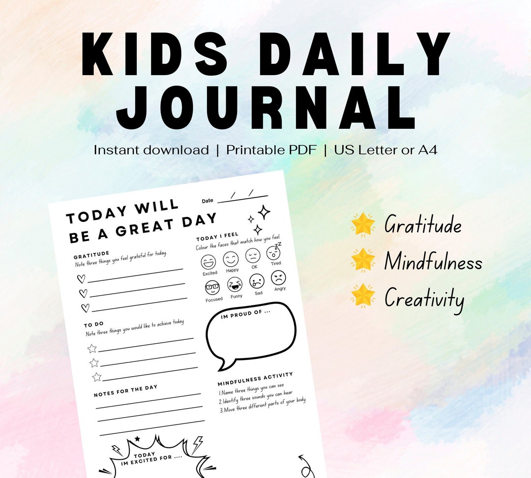Kids Daily Journal, Printable PDF - Mindfulness Journal, Gratitude ...