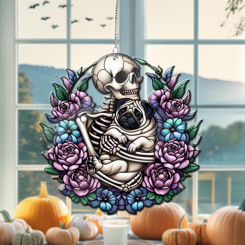 Skeleton Hugging Pug Acrylic Window Hanging, Dog Lovers Gift, Halloween ...