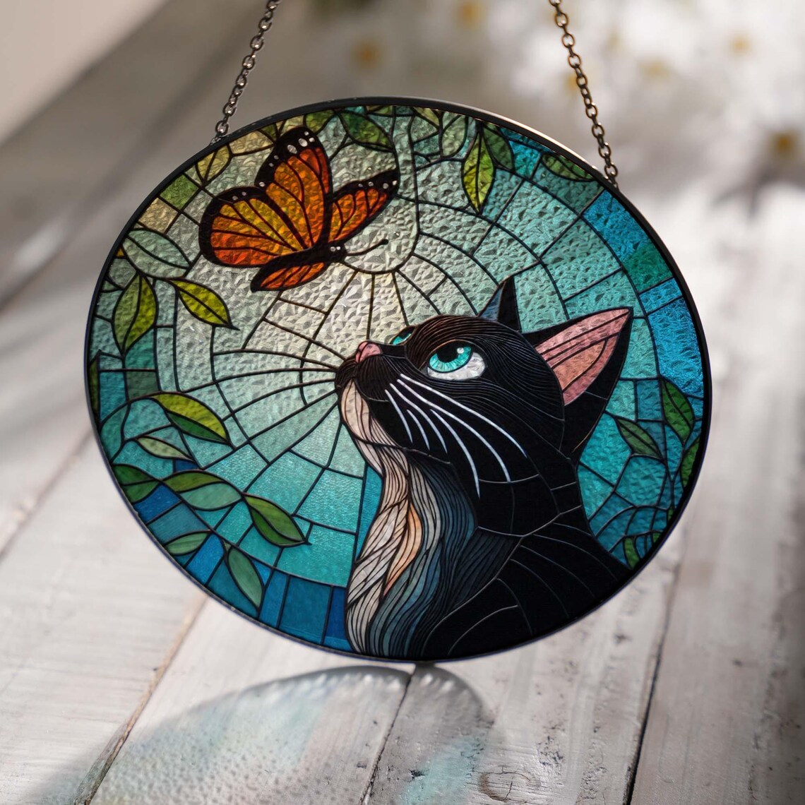 Black Cat With Butterfly Stained GLASS Sun Catcher, Cat Sun Catcher ...