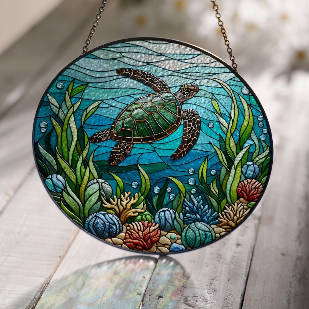 Sea Turtle Stained GLASS Suncatcher, Turtle Suncatcher Ornament, Turtle ...