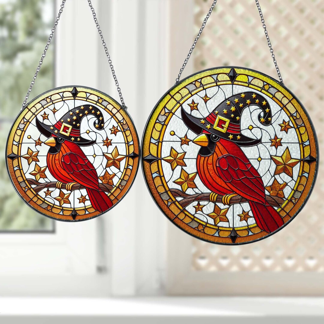 Witchy Red Cardinal Stained GLASS Sun Catcher, Halloween Red Cardinal ...