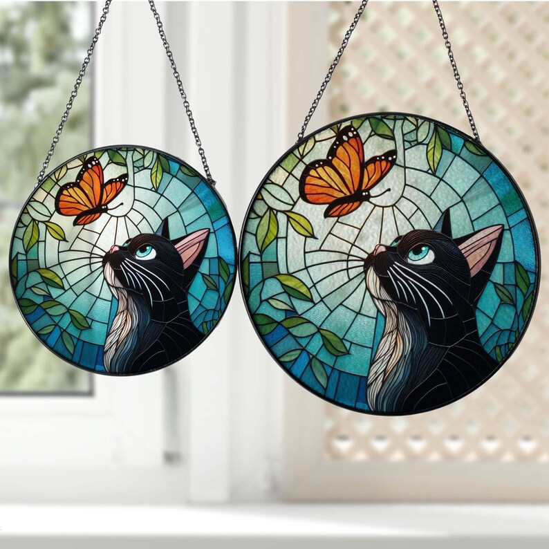 Black Cat With Butterfly Stained GLASS Sun Catcher, Cat Sun Catcher ...