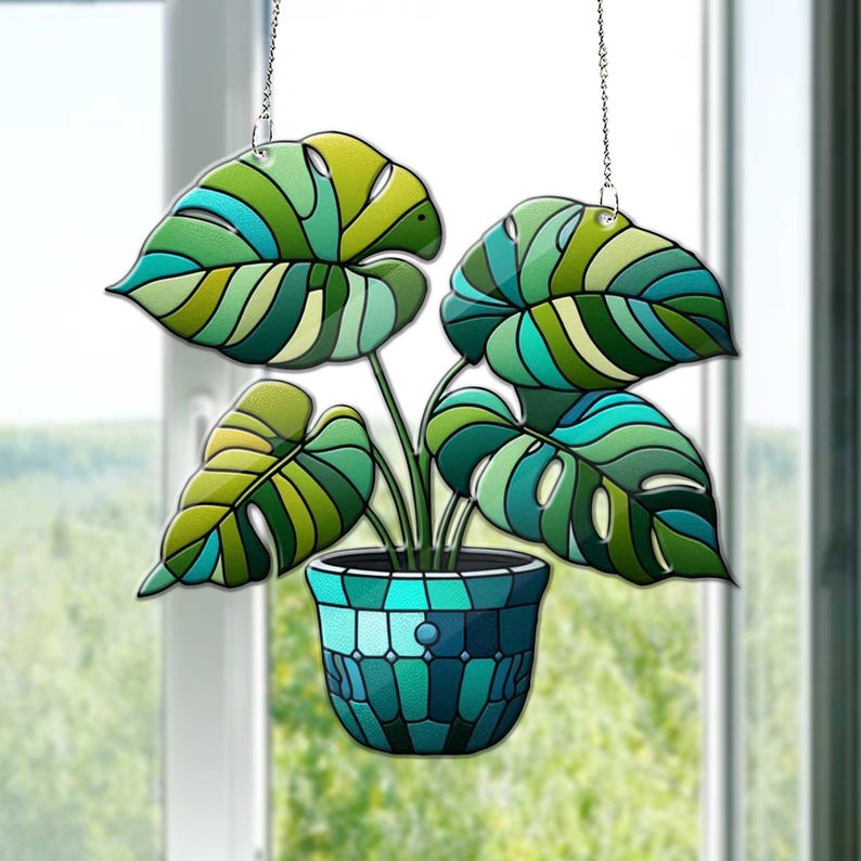 Monstera Leaves Acrylic Window Hanging, Monstera Leaves Home Decor ...