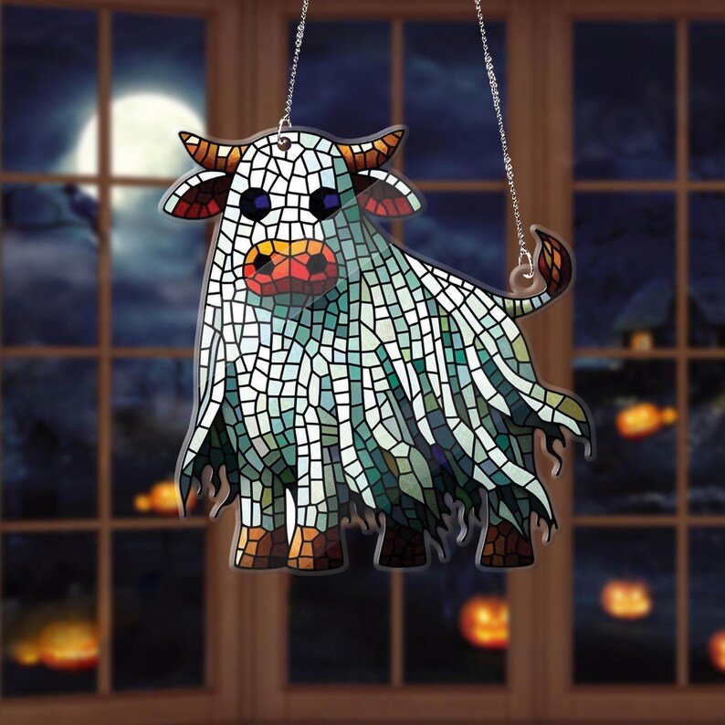 Highland Cow Halloween Acrylic Window Hanging, Western Cow Ghost Decor ...