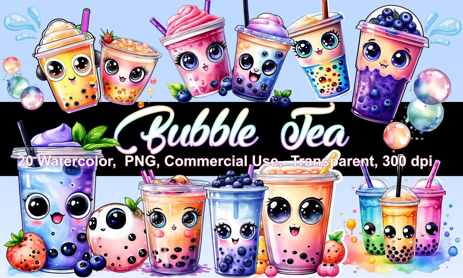 Kawaii Boba Bubble Tea 20 Clipart Cute PNG Watercolor Clipart Digital ...
