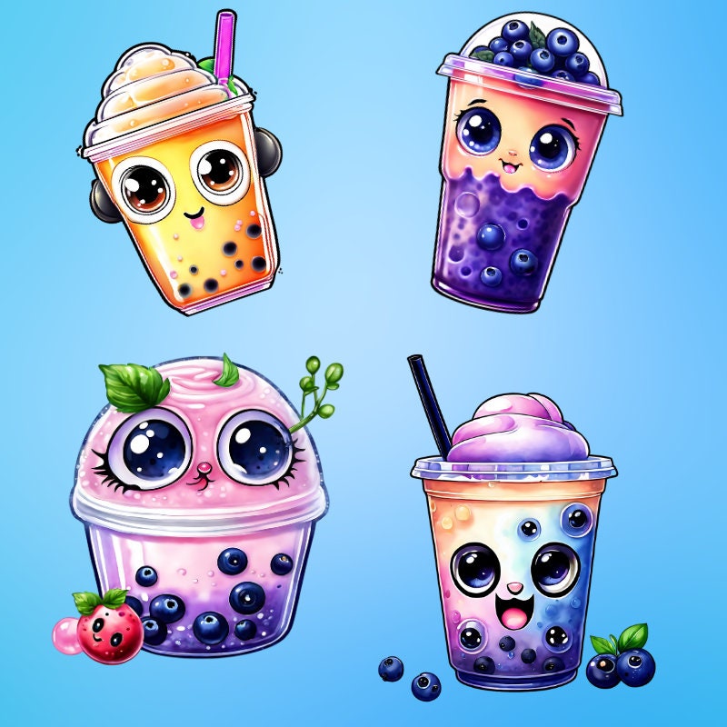 Kawaii Boba Bubble Tea 20 Clipart Cute PNG Watercolor Clipart Digital ...