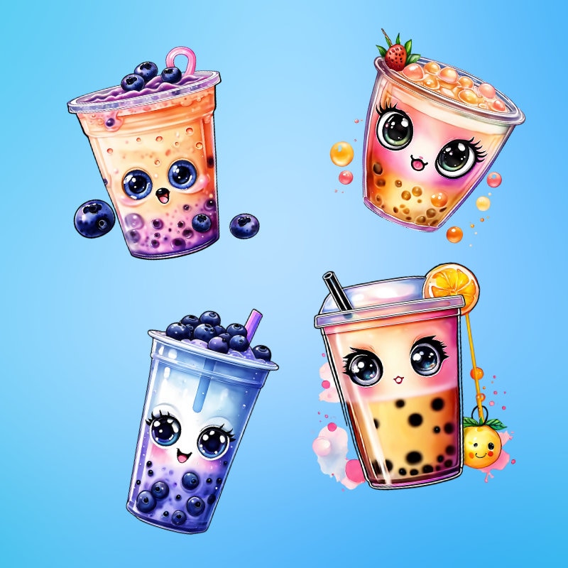 Kawaii Boba Bubble Tea 20 Clipart Cute PNG Watercolor Clipart Digital ...