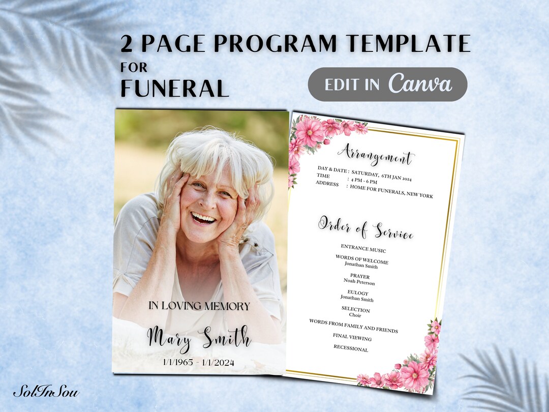 Pink Funeral Program Template 2-page Funeral Program Pink Flowers Gold ...