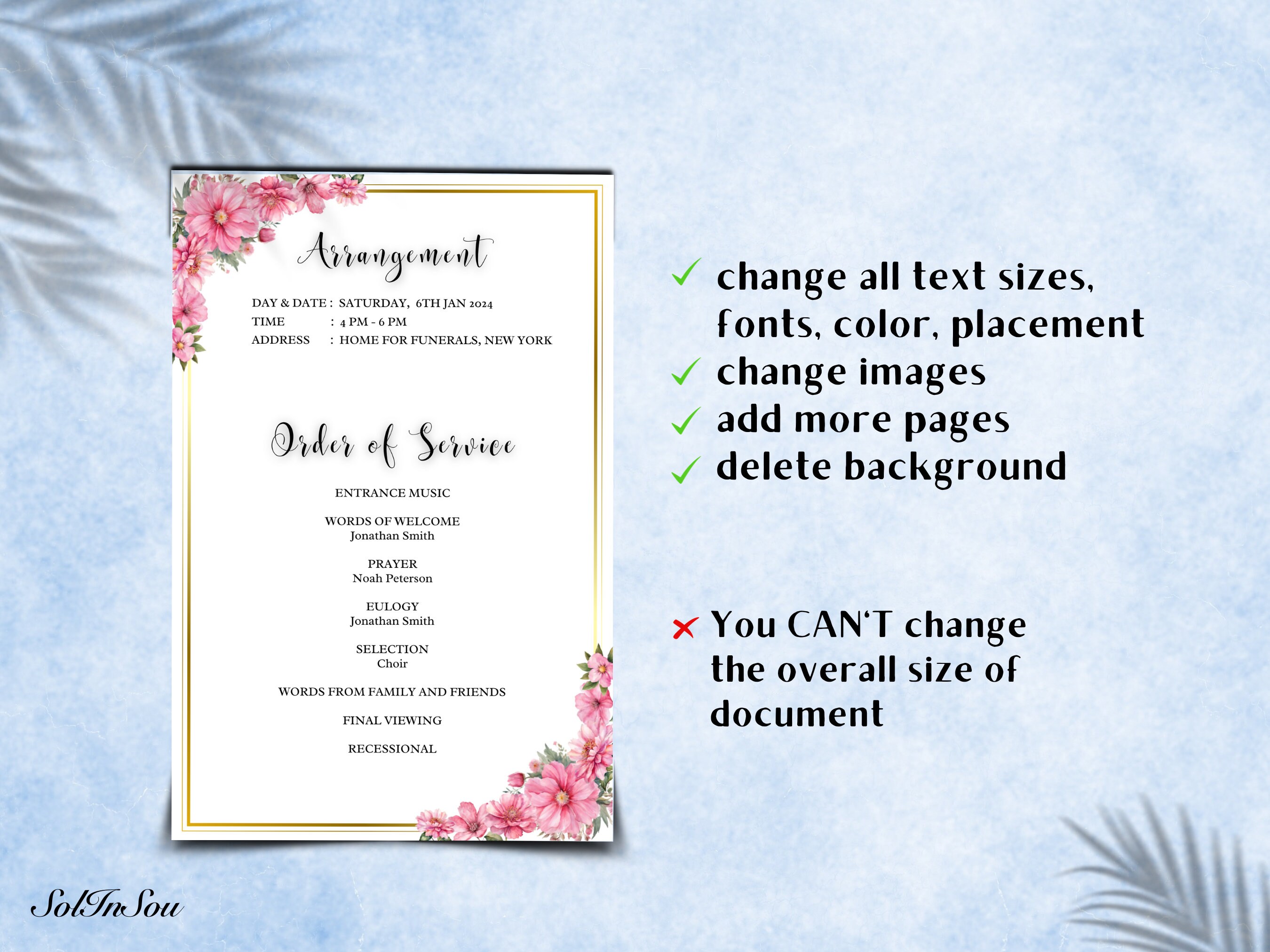 Pink Funeral Program Template 2-page Funeral Program Pink Flowers Gold ...