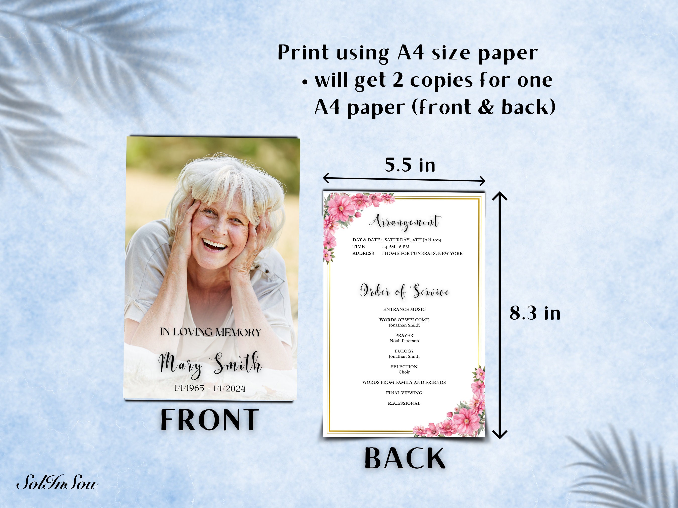 Pink Funeral Program Template 2-page Funeral Program Pink Flowers Gold ...