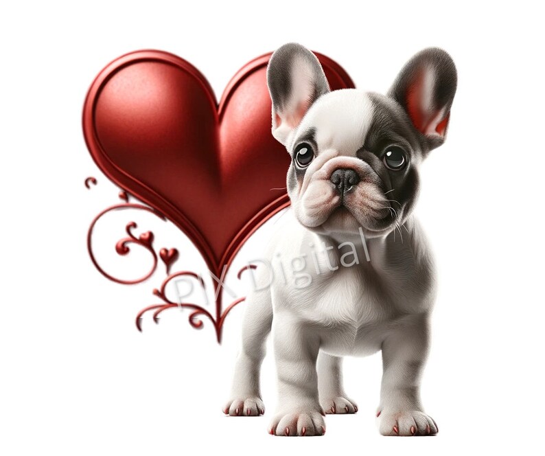 Happy Valentine Frenchie With Red Heart - - High Quality PNG, DTF ...