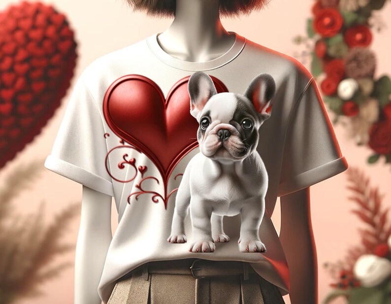 Happy Valentine Frenchie With Red Heart - - High Quality PNG, DTF ...