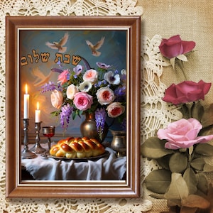 Shabbat Shalom Printable Art | Jewish Sabbath Candles & Challah ...
