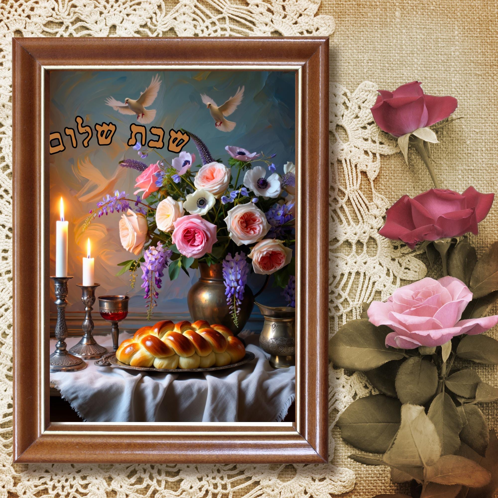 Shabbat Shalom Printable Art | Jewish Sabbath Candles & Challah ...