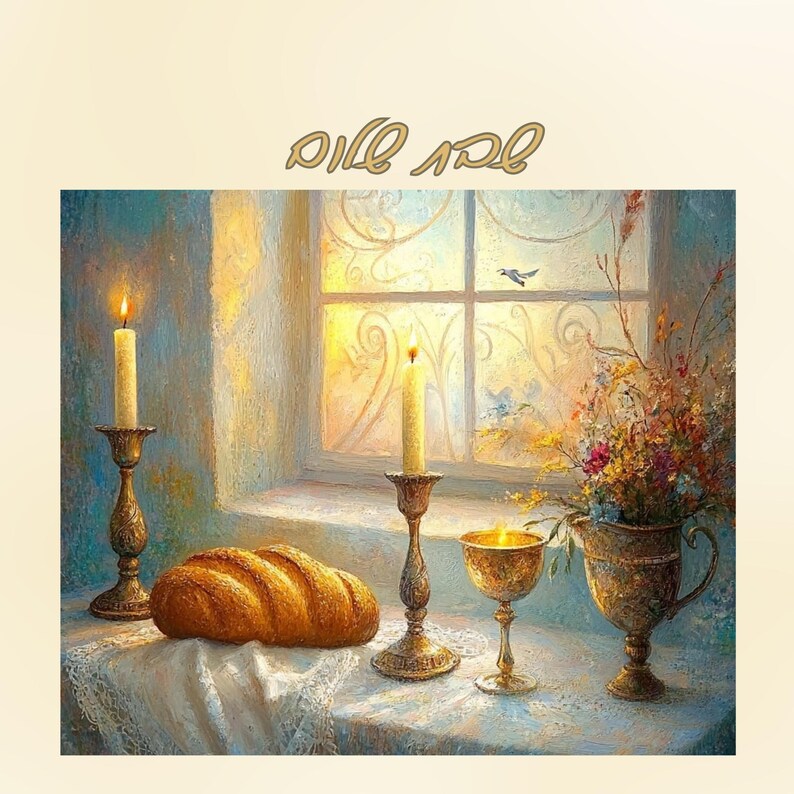 Shabbat Table Art Print – Challah, Candles and Wine Near Window ...