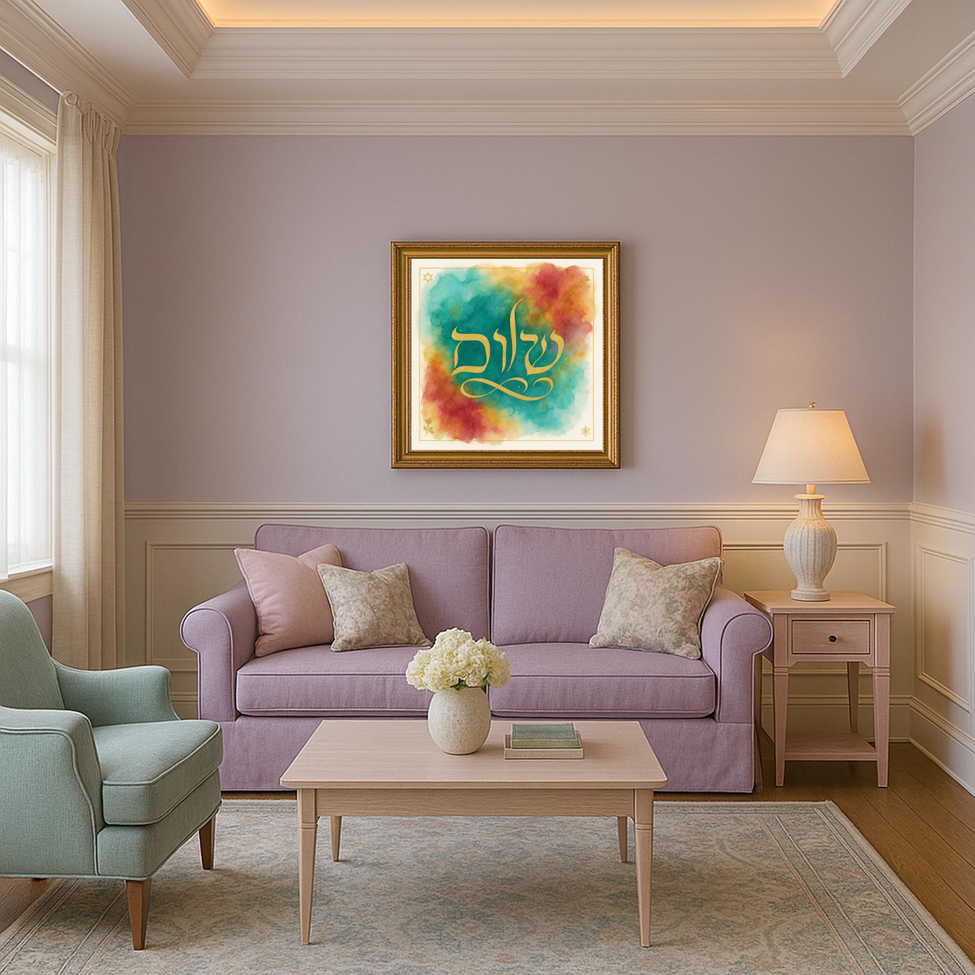 Shalom Printable Wall Art – Vibrant Watercolor & Gold Hebrew Poster ...