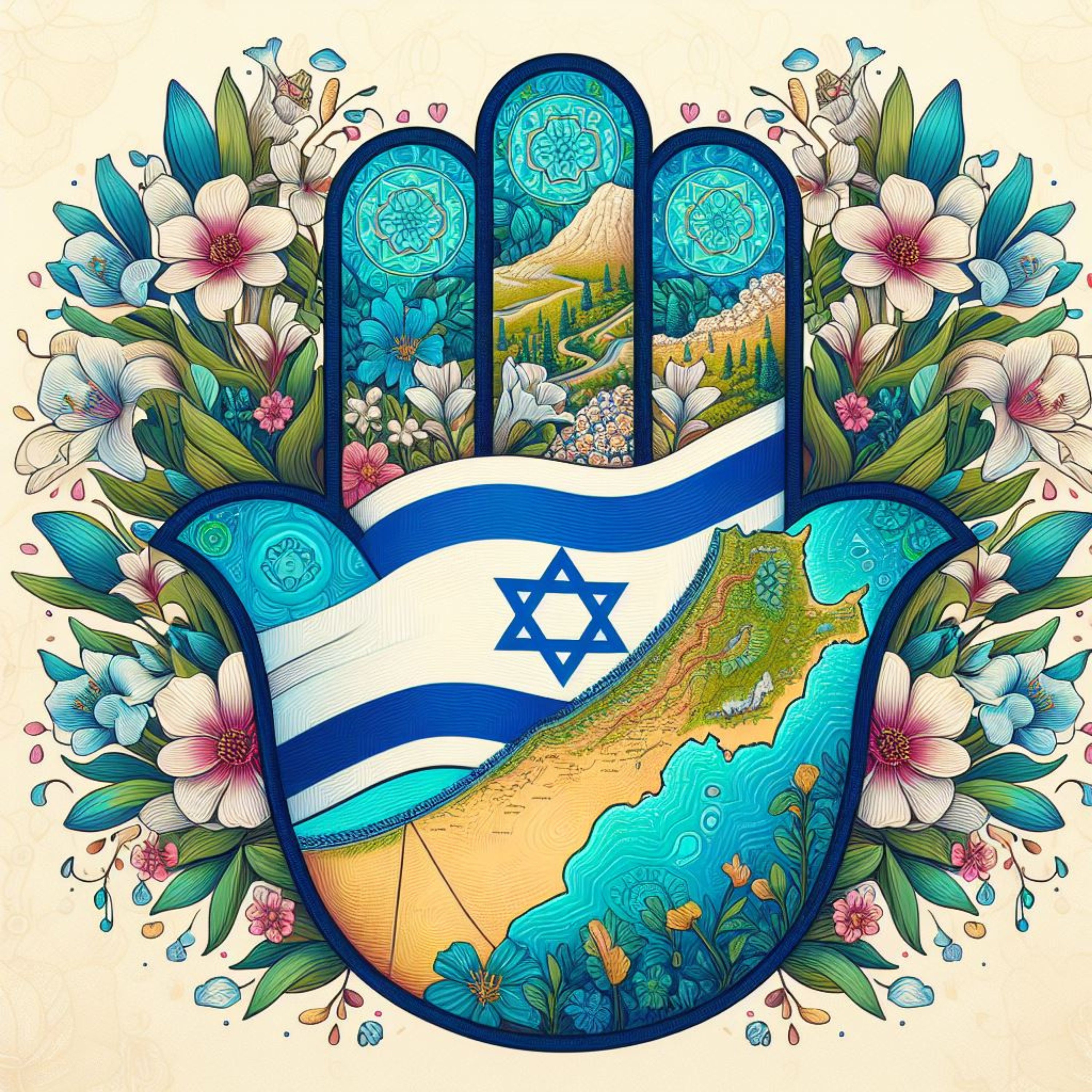 Hamsa Wall Art With Israeli Map & Floral Design – Judaica Blessing ...