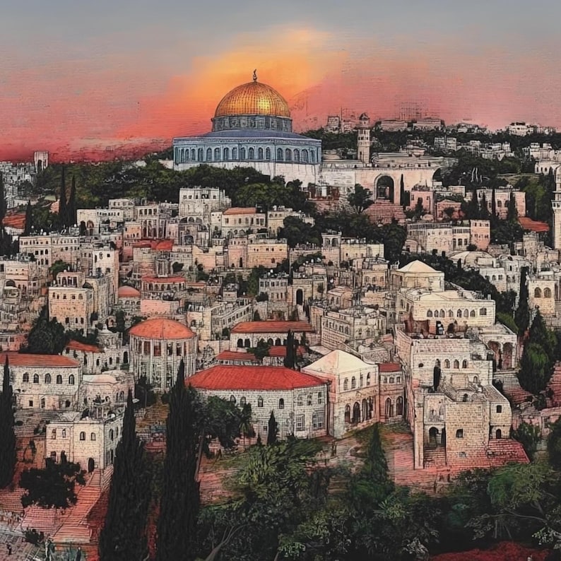 Vintage Jerusalem Art Print – Digital Download of Old City & Dome of ...