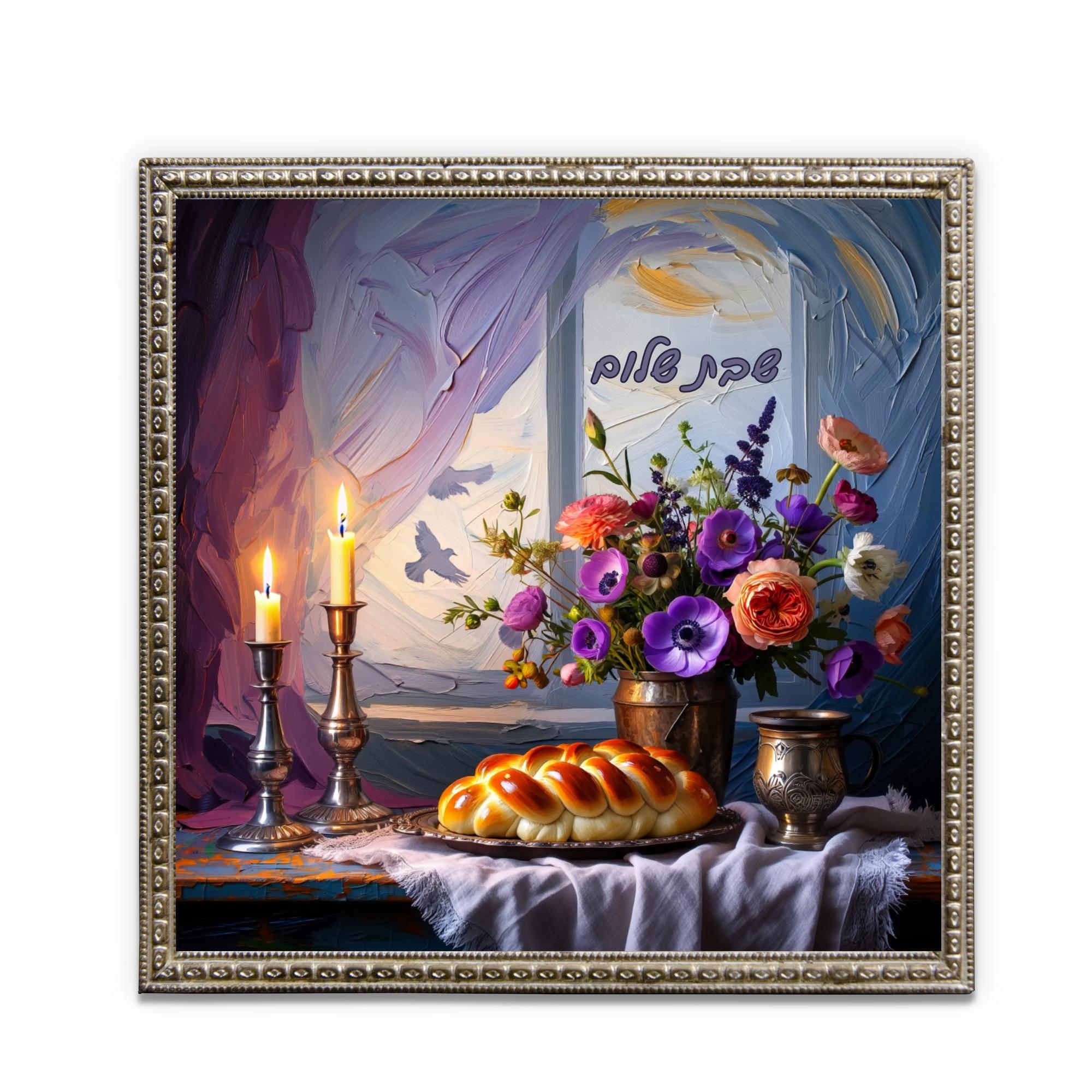 Shabbat Shalom Wall Art: Jewish Sabbath Blessing, Candles & Challah ...