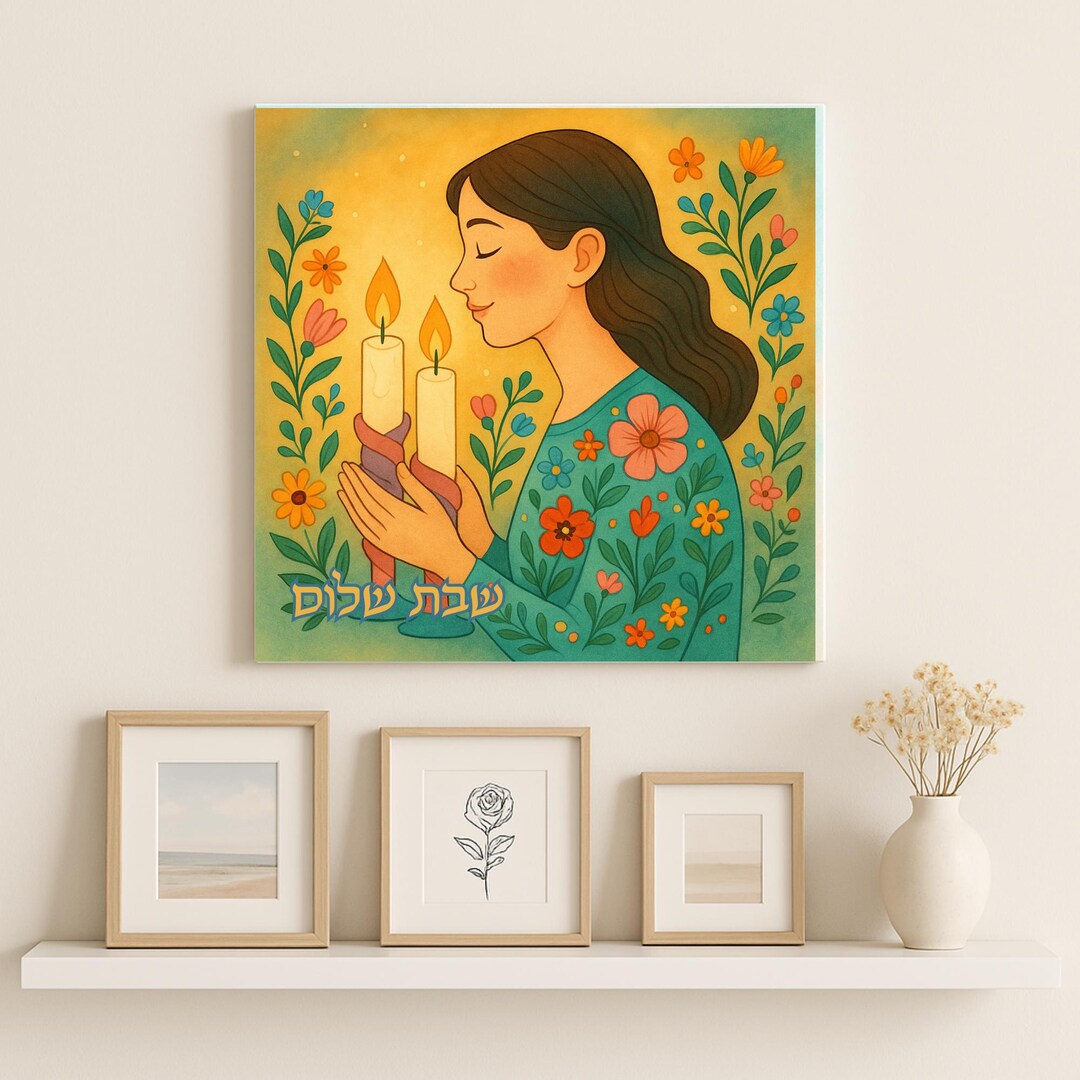 Shabbat Shalom Watercolor Wall Art – Jewish Girl With Candles, Floral ...
