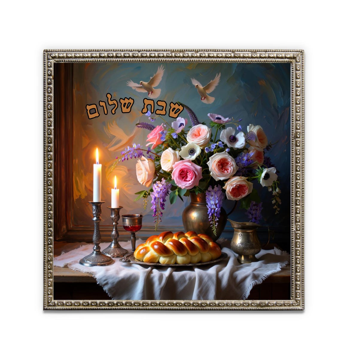 Shabbat Shalom Printable Art | Jewish Sabbath Candles & Challah ...