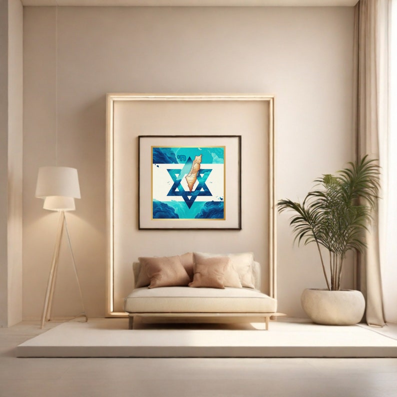 Israel Map Art Print: Jewish Star of David, Hebrew Chai Symbol (digital ...