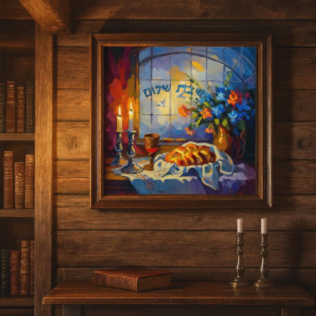 Shabbat Shalom Art Print: Jewish Sabbath Candles, Challah (digital ...