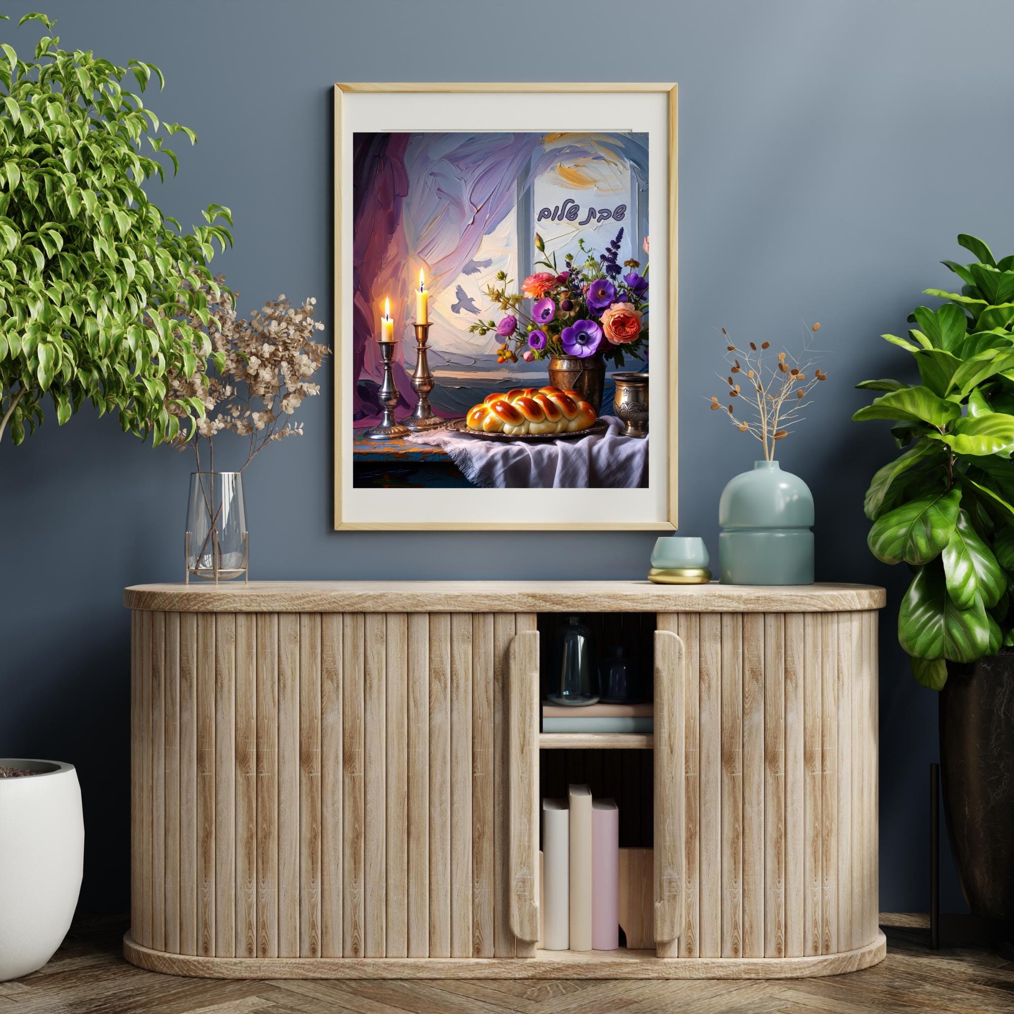 Shabbat Shalom Wall Art: Jewish Sabbath Blessing, Candles & Challah ...